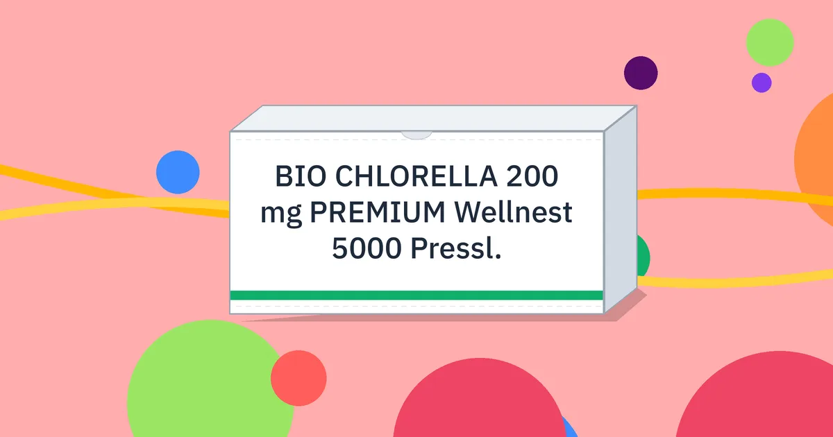 Symbolbild: Packung mit der Aufschrift BIO CHLORELLA 200 mg PREMIUM Wellnest 5000 Pressl. (PZN 08458767) – Verfügbarkeit und Bezug in Apotheken in Frankfurt am Main