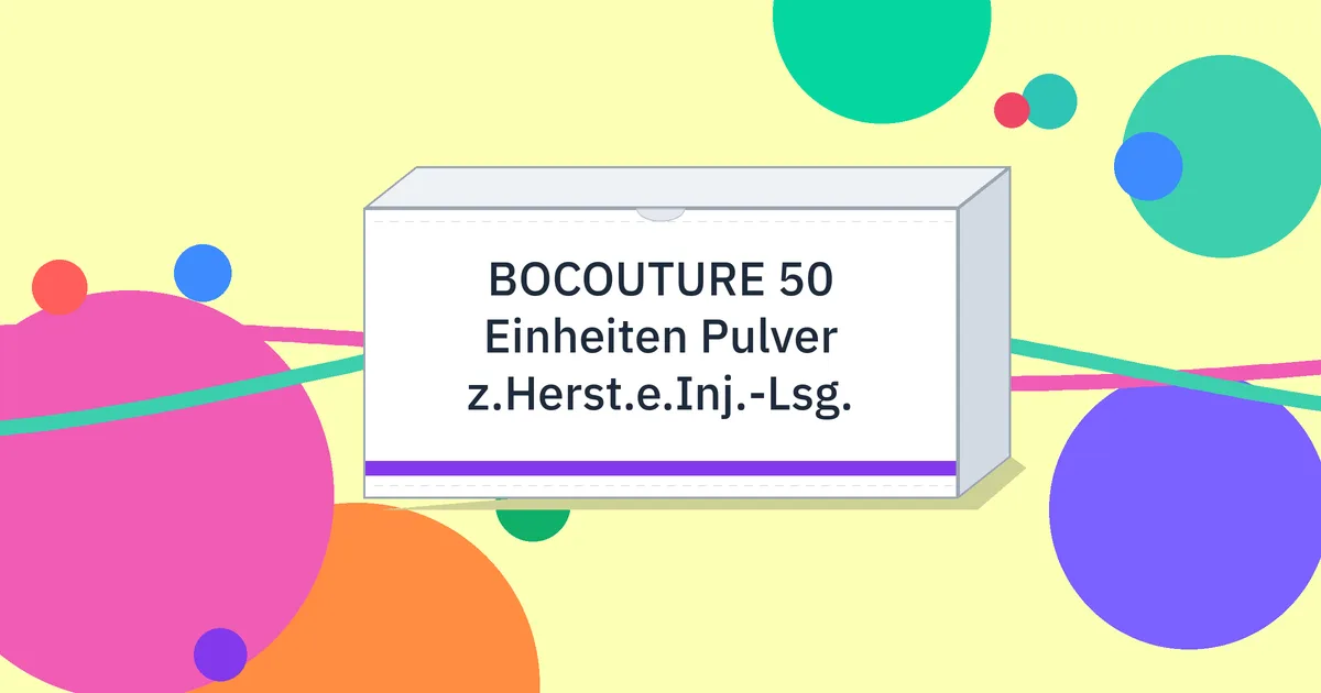 Symbolbild: Packung mit der Aufschrift BOCOUTURE 50 Einheiten Pulver z.Herst.e.Inj.-Lsg. (PZN 18723420) – Verfügbarkeit und Bezug in Apotheken in Frankfurt am Main