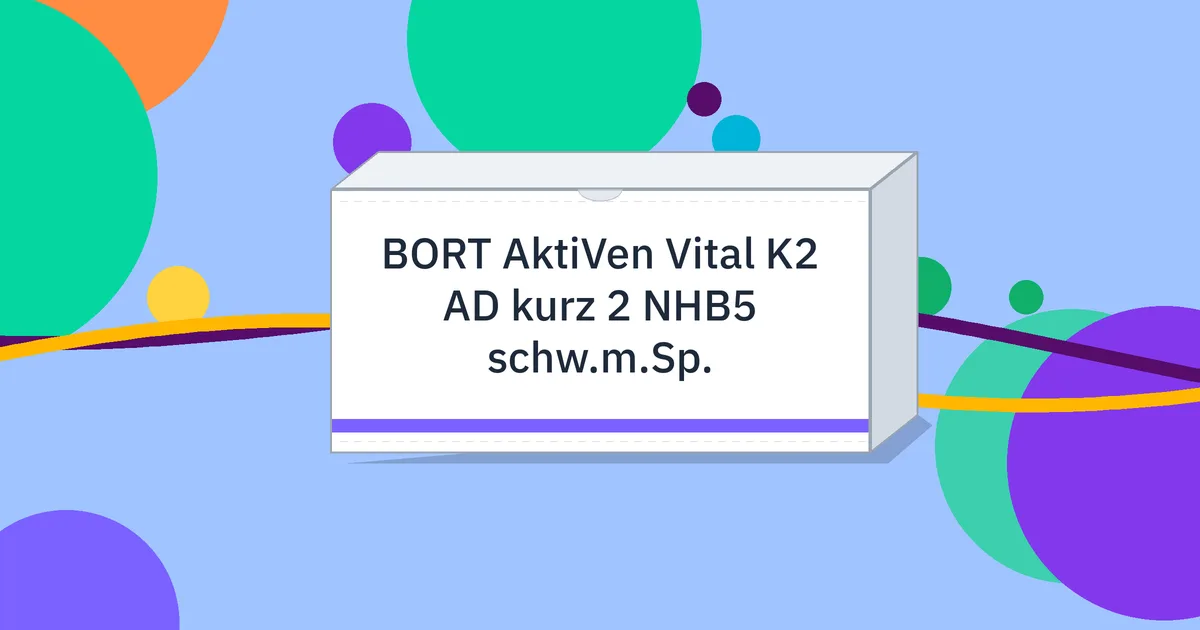 Symbolbild: Packung mit der Aufschrift BORT AktiVen Vital K2 AD kurz 2 NHB5 schw.m.Sp. (PZN 17493366) – Verfügbarkeit und Bezug in Apotheken in Frankfurt am Main