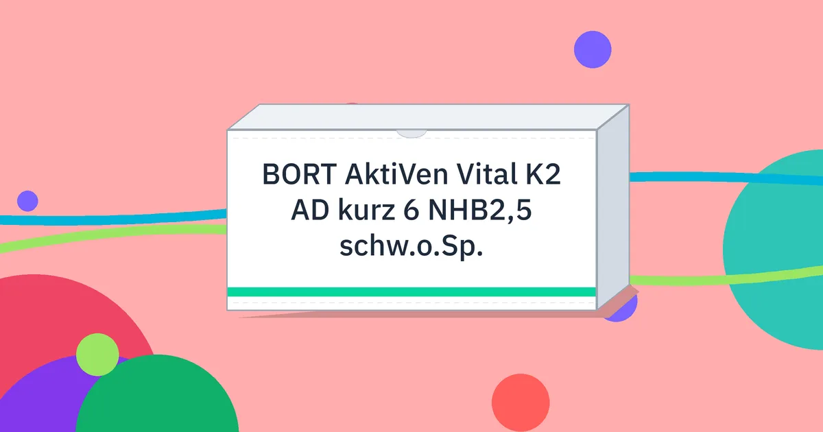 Symbolbild: Packung mit der Aufschrift BORT AktiVen Vital K2 AD kurz 6 NHB2,5 schw.o.Sp. (PZN 17498010) – Verfügbarkeit und Bezug in Apotheken in Frankfurt am Main