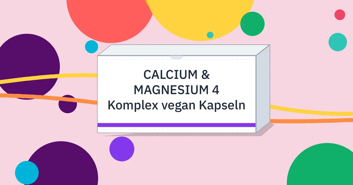 Symbolbild: Packung mit der Aufschrift CALCIUM & MAGNESIUM 4 Komplex vegan Kapseln (PZN 19479784) – Verfügbarkeit und Bezug in Apotheken in Frankfurt am Main