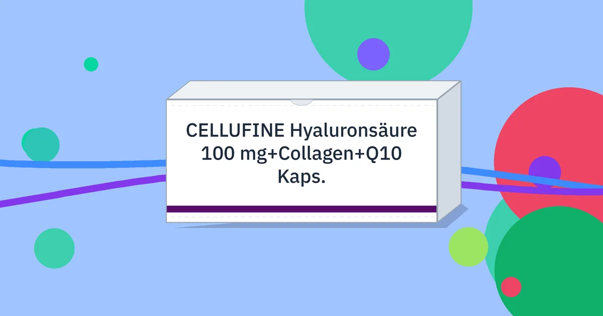 Symbolbild: Packung mit der Aufschrift CELLUFINE Hyaluronsäure 100 mg+Collagen+Q10 Kaps. (PZN 11242924) – Verfügbarkeit und Bezug in Apotheken in Frankfurt am Main