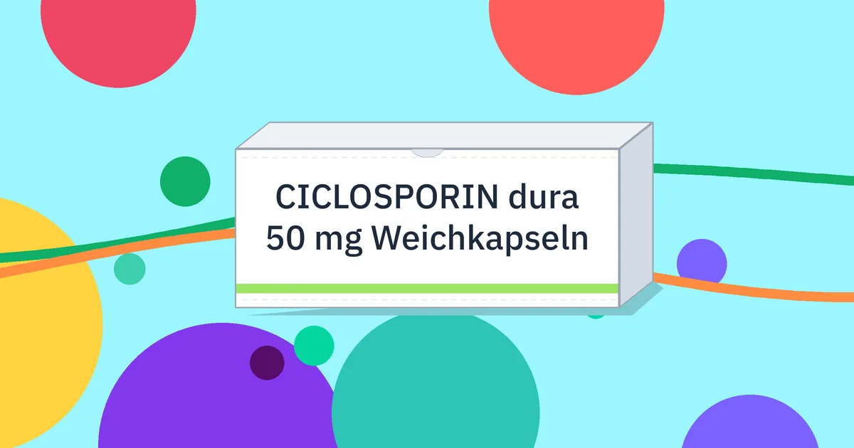 Symbolbild: Packung mit der Aufschrift CICLOSPORIN dura 50 mg Weichkapseln (PZN 06064515) – Verfügbarkeit und Bezug in Apotheken in Frankfurt am Main