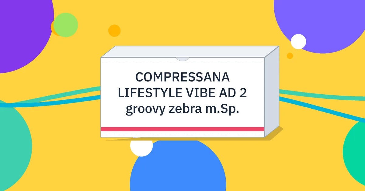 Symbolbild: Packung mit der Aufschrift COMPRESSANA LIFESTYLE VIBE AD 2 groovy zebra m.Sp. (PZN 19151718) – Verfügbarkeit und Bezug in Apotheken in Frankfurt am Main