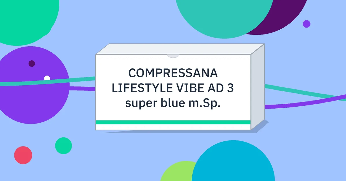 Symbolbild: Packung mit der Aufschrift COMPRESSANA LIFESTYLE VIBE AD 3 super blue m.Sp. (PZN 19151782) – Verfügbarkeit und Bezug in Apotheken in Frankfurt am Main