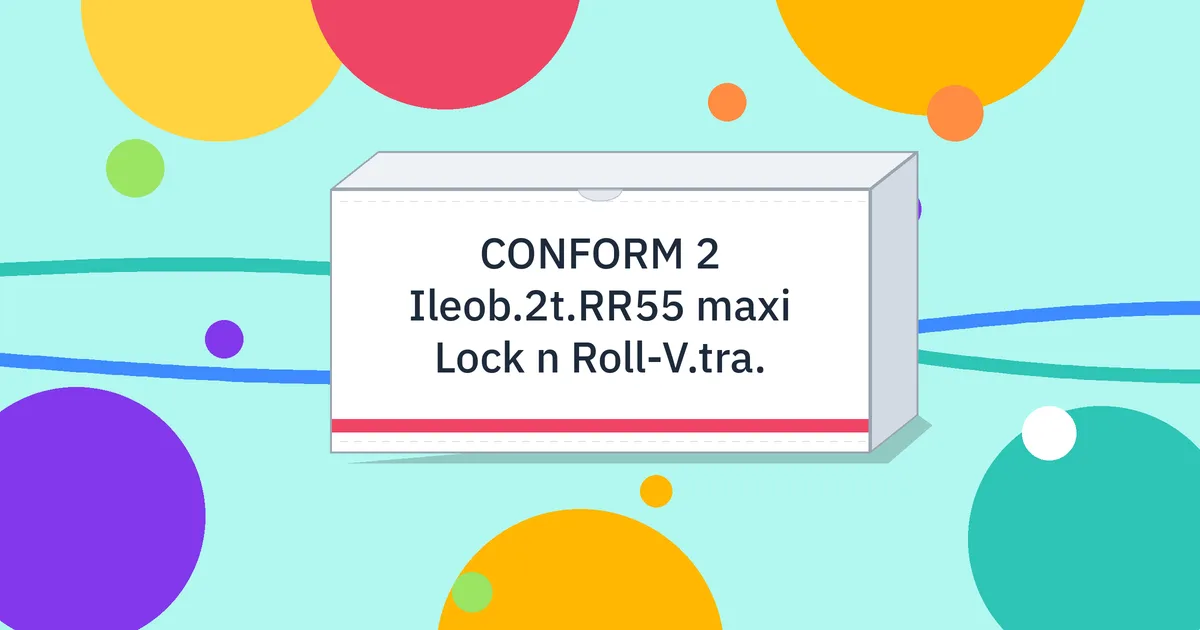 Symbolbild: Packung mit der Aufschrift CONFORM 2 Ileob.2t.RR55 maxi Lock n Roll-V.tra. (PZN 00436430) – Verfügbarkeit und Bezug in Apotheken in Frankfurt am Main