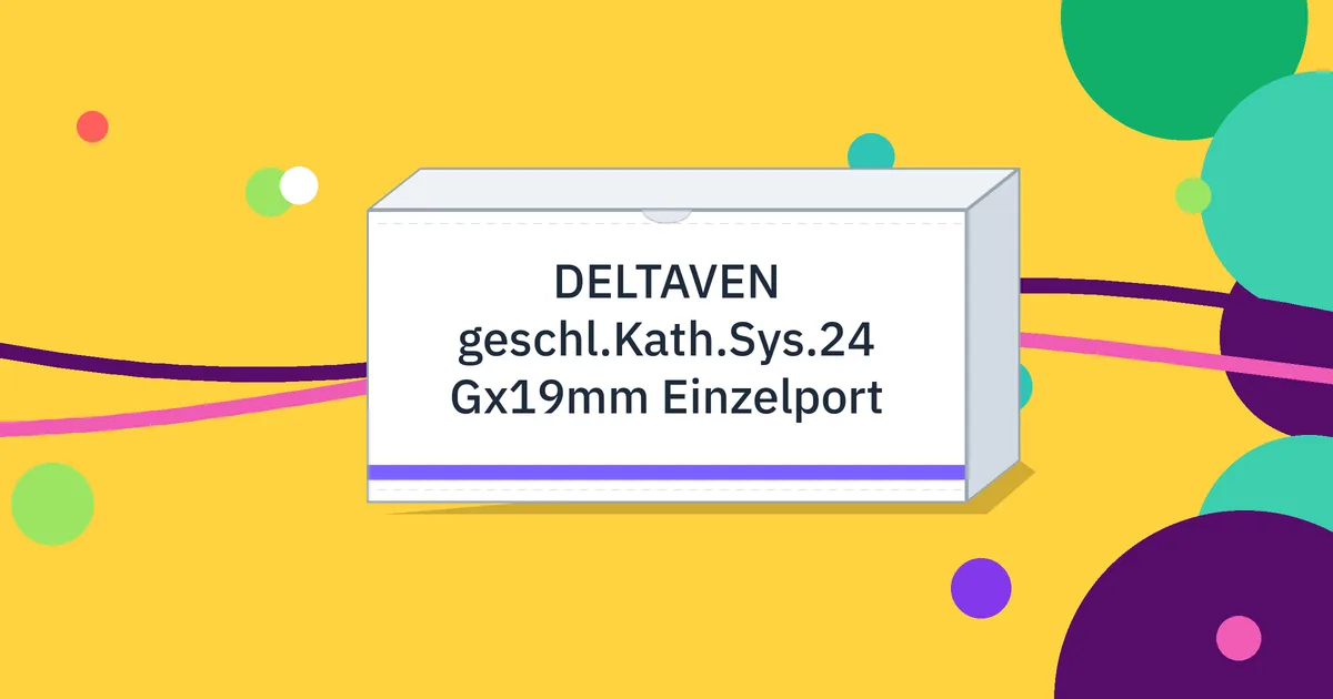 Symbolbild: Packung mit der Aufschrift DELTAVEN geschl.Kath.Sys.24 Gx19mm Einzelport (PZN 13976889) – Verfügbarkeit und Bezug in Apotheken in Frankfurt am Main