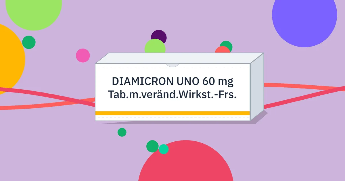 Symbolbild: Packung mit der Aufschrift DIAMICRON UNO 60 mg Tab.m.veränd.Wirkst.-Frs. (PZN 20162070) – Verfügbarkeit und Bezug in Apotheken in Frankfurt am Main