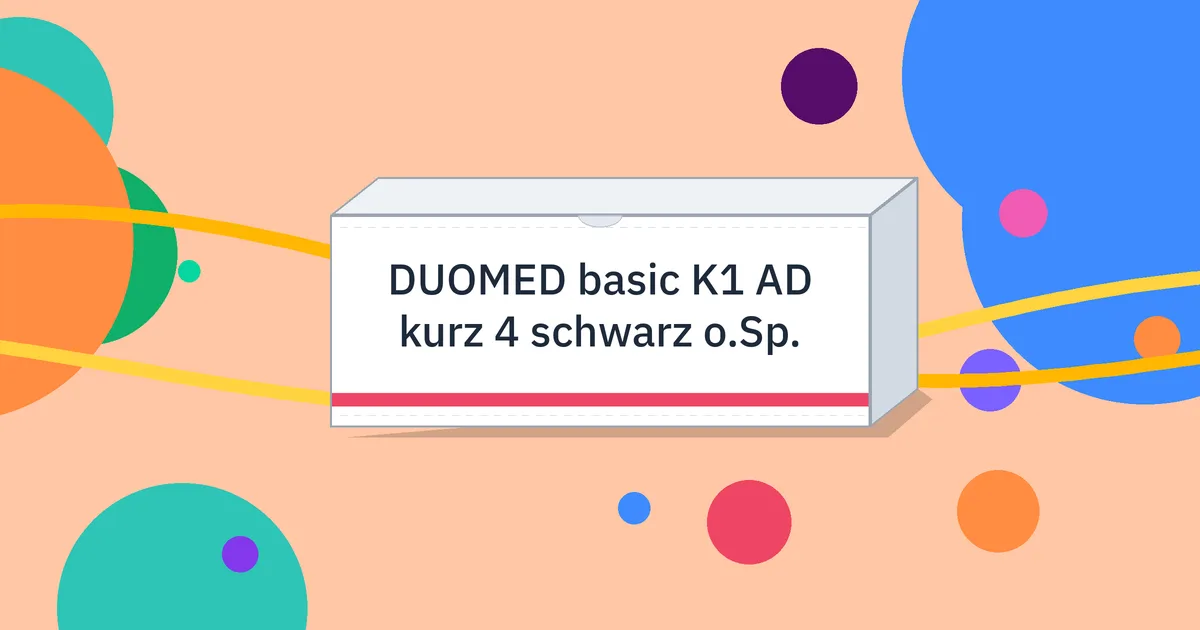 Symbolbild: Packung mit der Aufschrift DUOMED basic K1 AD kurz 4 schwarz o.Sp. (PZN 20904086) – Verfügbarkeit und Bezug in Apotheken in Frankfurt am Main