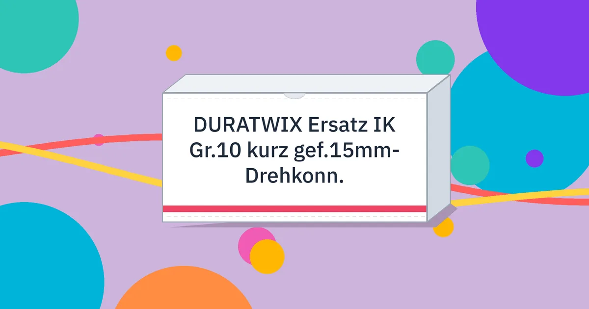 Symbolbild: Packung mit der Aufschrift DURATWIX Ersatz IK Gr.10 kurz gef.15mm-Drehkonn. (PZN 06991919) – Verfügbarkeit und Bezug in Apotheken in Frankfurt am Main