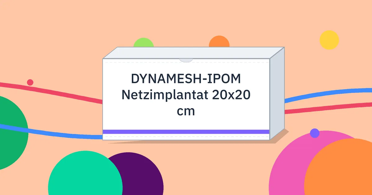 Symbolbild: Packung mit der Aufschrift DYNAMESH-IPOM Netzimplantat 20x20 cm (PZN 19389207) – Verfügbarkeit und Bezug in Apotheken in Frankfurt am Main