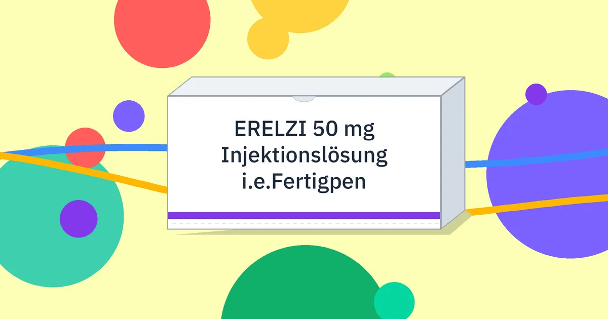 Symbolbild: Packung mit der Aufschrift ERELZI 50 mg Injektionslösung i.e.Fertigpen (PZN 15997447) – Verfügbarkeit und Bezug in Apotheken in Frankfurt am Main
