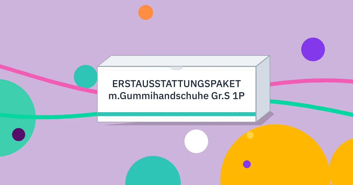 Symbolbild: Packung mit der Aufschrift ERSTAUSSTATTUNGSPAKET m.Gummihandschuhe Gr.S 1P (PZN 19628474) – Verfügbarkeit und Bezug in Apotheken in Frankfurt am Main