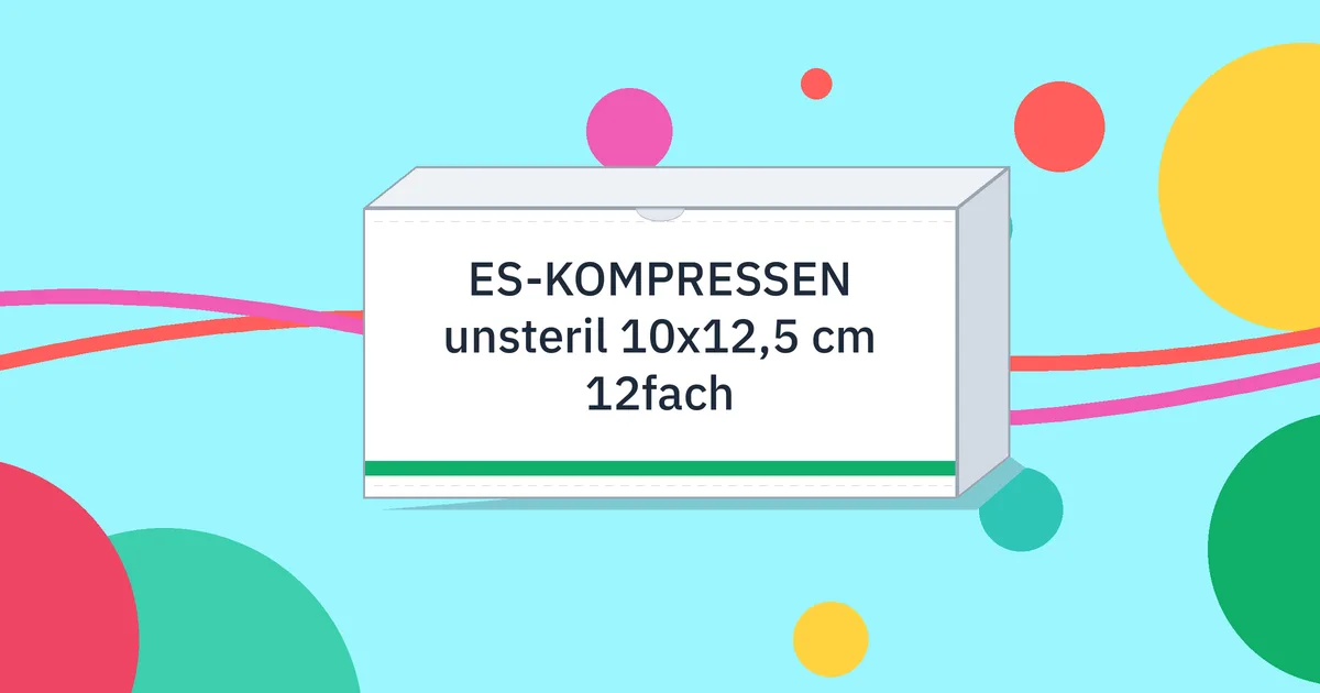 Symbolbild: Packung mit der Aufschrift ES-KOMPRESSEN unsteril 10x12,5 cm 12fach (PZN 09396206) – Verfügbarkeit und Bezug in Apotheken in Frankfurt am Main