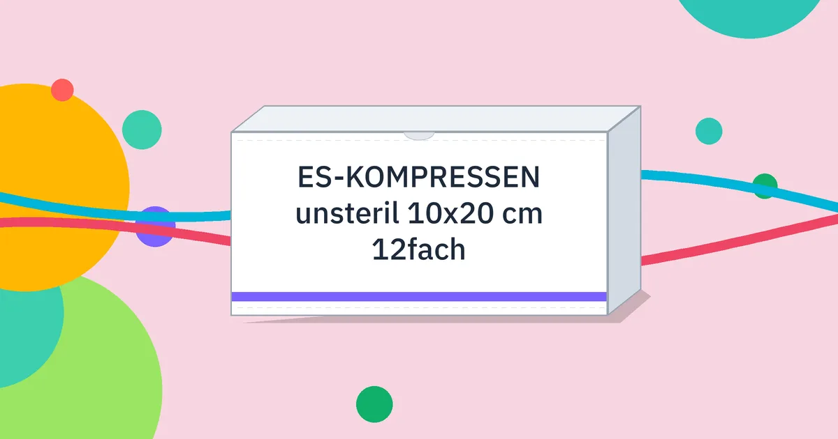 Symbolbild: Packung mit der Aufschrift ES-KOMPRESSEN unsteril 10x20 cm 12fach (PZN 18154488) – Verfügbarkeit und Bezug in Apotheken in Frankfurt am Main