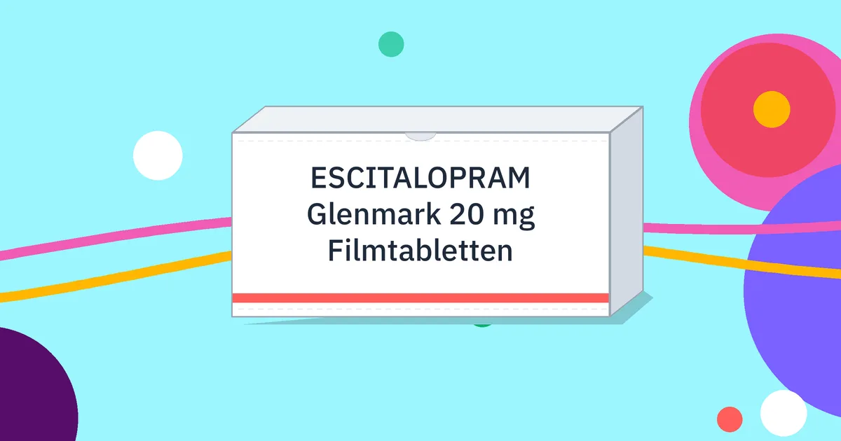 Symbolbild: Packung mit der Aufschrift ESCITALOPRAM Glenmark 20 mg Filmtabletten (PZN 10353337) – Verfügbarkeit und Bezug in Apotheken in Frankfurt am Main