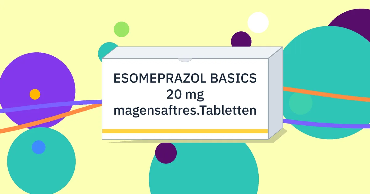 Symbolbild: Packung mit der Aufschrift ESOMEPRAZOL BASICS 20 mg magensaftres.Tabletten (PZN 08845228) – Verfügbarkeit und Bezug in Apotheken in Frankfurt am Main