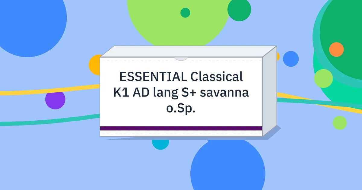 Symbolbild: Packung mit der Aufschrift ESSENTIAL Classical K1 AD lang S+ savanna o.Sp. (PZN 17003882) – Verfügbarkeit und Bezug in Apotheken in Frankfurt am Main
