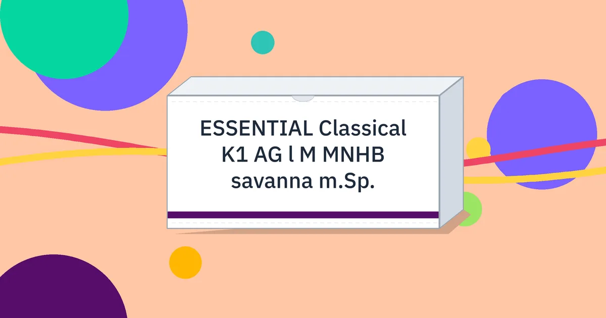 Symbolbild: Packung mit der Aufschrift ESSENTIAL Classical K1 AG l M MNHB savanna m.Sp. (PZN 19320606) – Verfügbarkeit und Bezug in Apotheken in Frankfurt am Main
