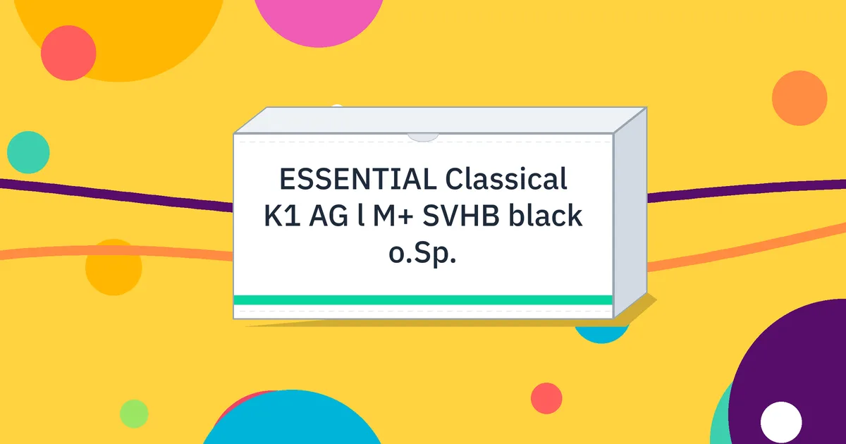 Symbolbild: Packung mit der Aufschrift ESSENTIAL Classical K1 AG l M+ SVHB black o.Sp. (PZN 18420599) – Verfügbarkeit und Bezug in Apotheken in Frankfurt am Main