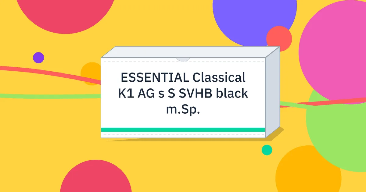 Symbolbild: Packung mit der Aufschrift ESSENTIAL Classical K1 AG s S SVHB black m.Sp. (PZN 18421050) – Verfügbarkeit und Bezug in Apotheken in Frankfurt am Main