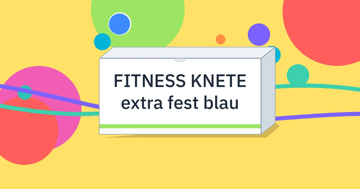 Symbolbild: Packung mit der Aufschrift FITNESS KNETE extra fest blau (PZN 16349584) – Verfügbarkeit und Bezug in Apotheken in Frankfurt am Main