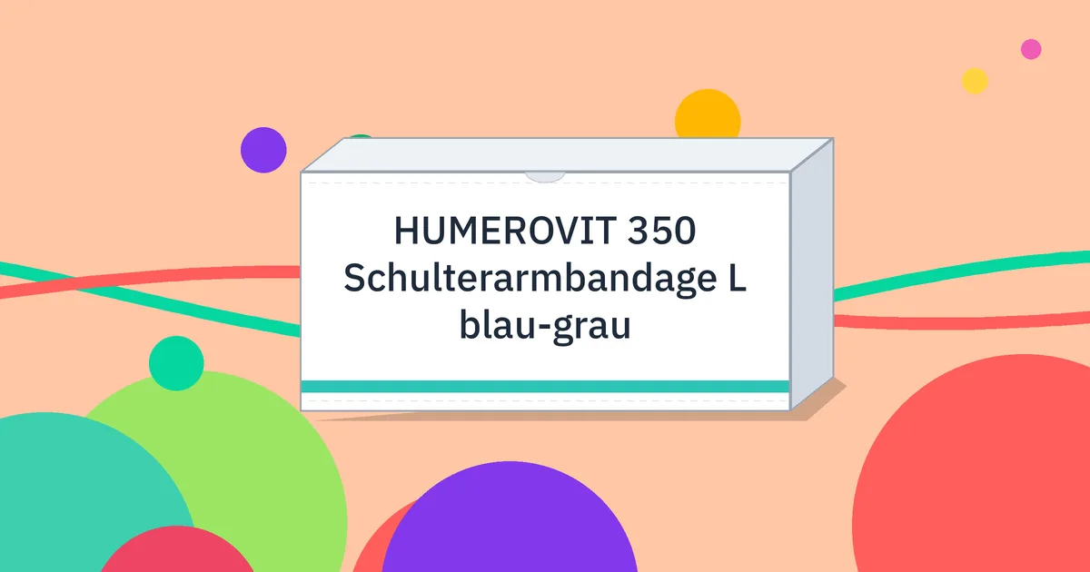 Symbolbild: Packung mit der Aufschrift HUMEROVIT 350 Schulterarmbandage L blau-grau (PZN 03885140) – Verfügbarkeit und Bezug in Apotheken in Frankfurt am Main
