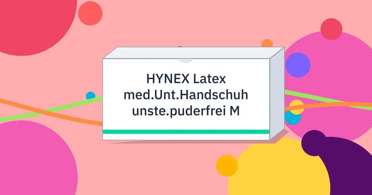 Symbolbild: Packung mit der Aufschrift HYNEX Latex med.Unt.Handschuh unste.puderfrei M (PZN 20353634) – Verfügbarkeit und Bezug in Apotheken in Frankfurt am Main