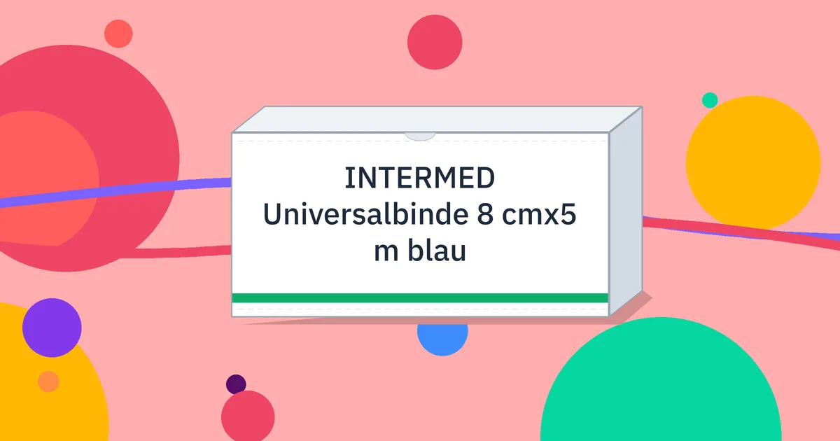 Symbolbild: Packung mit der Aufschrift INTERMED Universalbinde 8 cmx5 m blau (PZN 02574099) – Verfügbarkeit und Bezug in Apotheken in Frankfurt am Main
