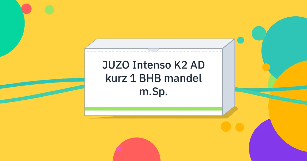 Symbolbild: Packung mit der Aufschrift JUZO Intenso K2 AD kurz 1 BHB mandel m.Sp. (PZN 18614599) – Verfügbarkeit und Bezug in Apotheken in Frankfurt am Main
