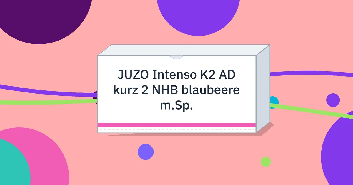 Symbolbild: Packung mit der Aufschrift JUZO Intenso K2 AD kurz 2 NHB blaubeere m.Sp. (PZN 18611017) – Verfügbarkeit und Bezug in Apotheken in Frankfurt am Main