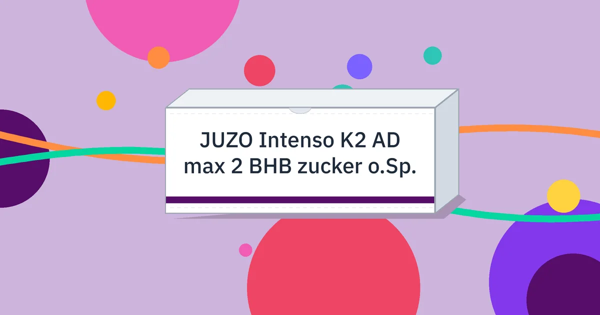 Symbolbild: Packung mit der Aufschrift JUZO Intenso K2 AD max 2 BHB zucker o.Sp. (PZN 18626562) – Verfügbarkeit und Bezug in Apotheken in Frankfurt am Main