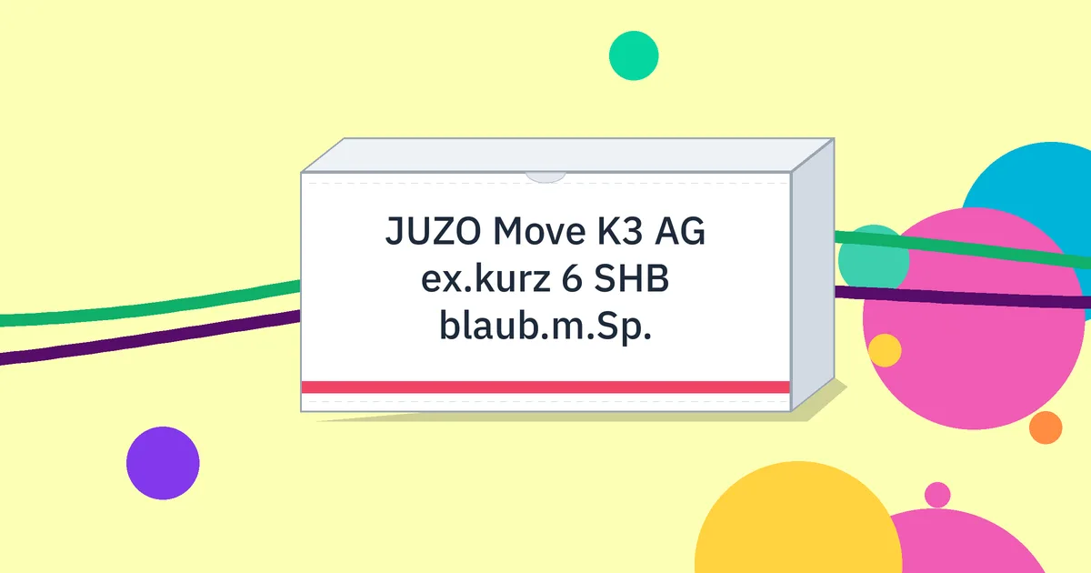 Symbolbild: Packung mit der Aufschrift JUZO Move K3 AG ex.kurz 6 SHB blaub.m.Sp. (PZN 18595212) – Verfügbarkeit und Bezug in Apotheken in Frankfurt am Main