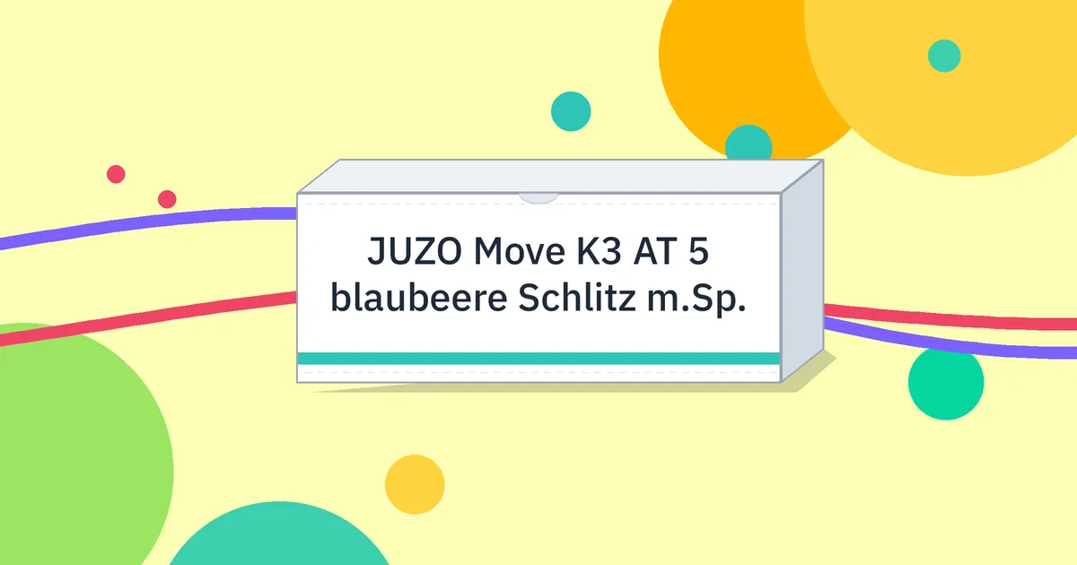 Symbolbild: Packung mit der Aufschrift JUZO Move K3 AT 5 blaubeere Schlitz m.Sp. (PZN 20678023) – Verfügbarkeit und Bezug in Apotheken in Frankfurt am Main