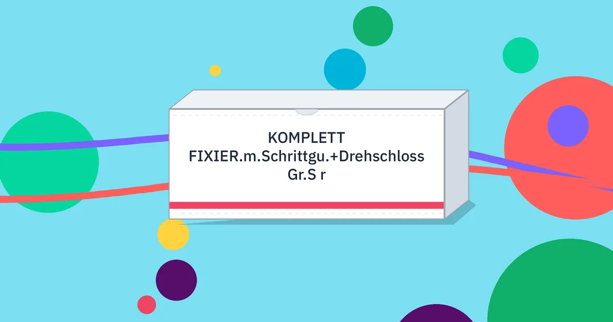 Symbolbild: Packung mit der Aufschrift KOMPLETT FIXIER.m.Schrittgu.+Drehschloss Gr.S r (PZN 11573259) – Verfügbarkeit und Bezug in Apotheken in Frankfurt am Main
