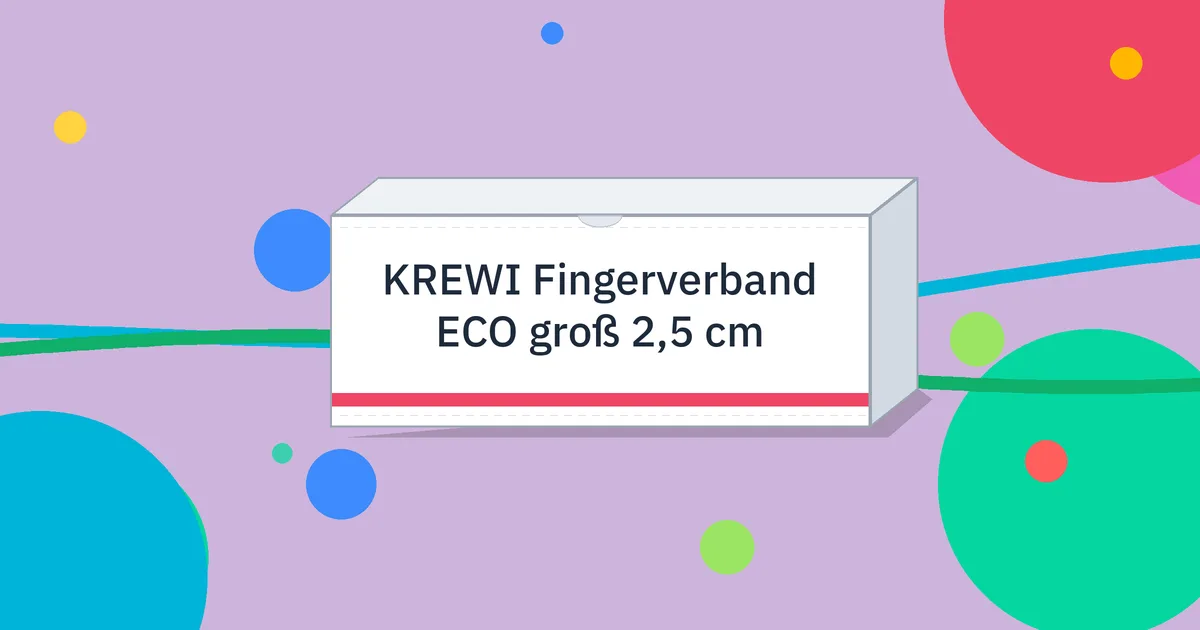 Symbolbild: Packung mit der Aufschrift KREWI Fingerverband ECO groß 2,5 cm (PZN 18129763) – Verfügbarkeit und Bezug in Apotheken in Frankfurt am Main