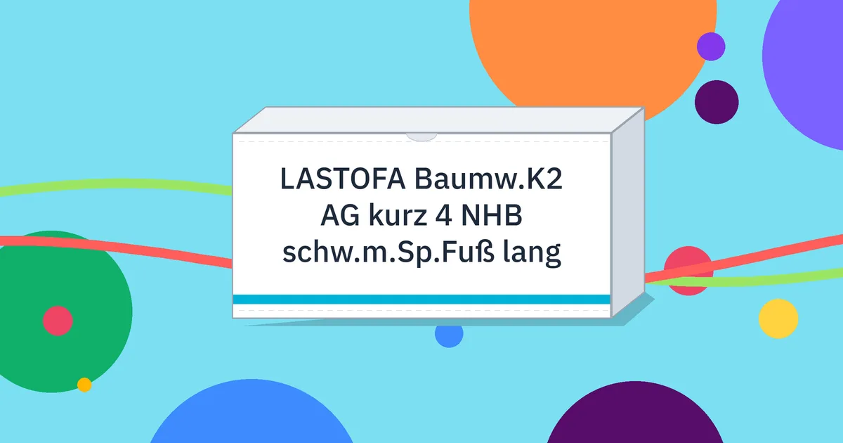 Symbolbild: Packung mit der Aufschrift LASTOFA Baumw.K2 AG kurz 4 NHB schw.m.Sp.Fuß lang (PZN 01947894) – Verfügbarkeit und Bezug in Apotheken in Frankfurt am Main