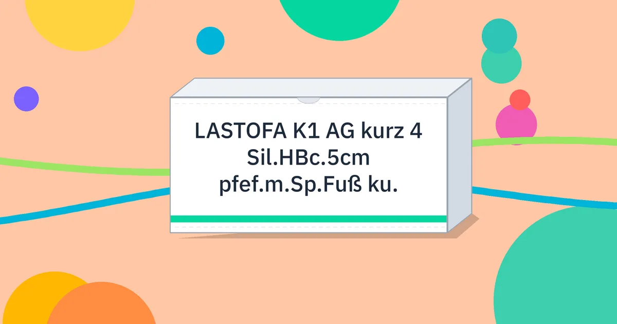 Symbolbild: Packung mit der Aufschrift LASTOFA K1 AG kurz 4 Sil.HBc.5cm pfef.m.Sp.Fuß ku. (PZN 13792681) – Verfügbarkeit und Bezug in Apotheken in Frankfurt am Main