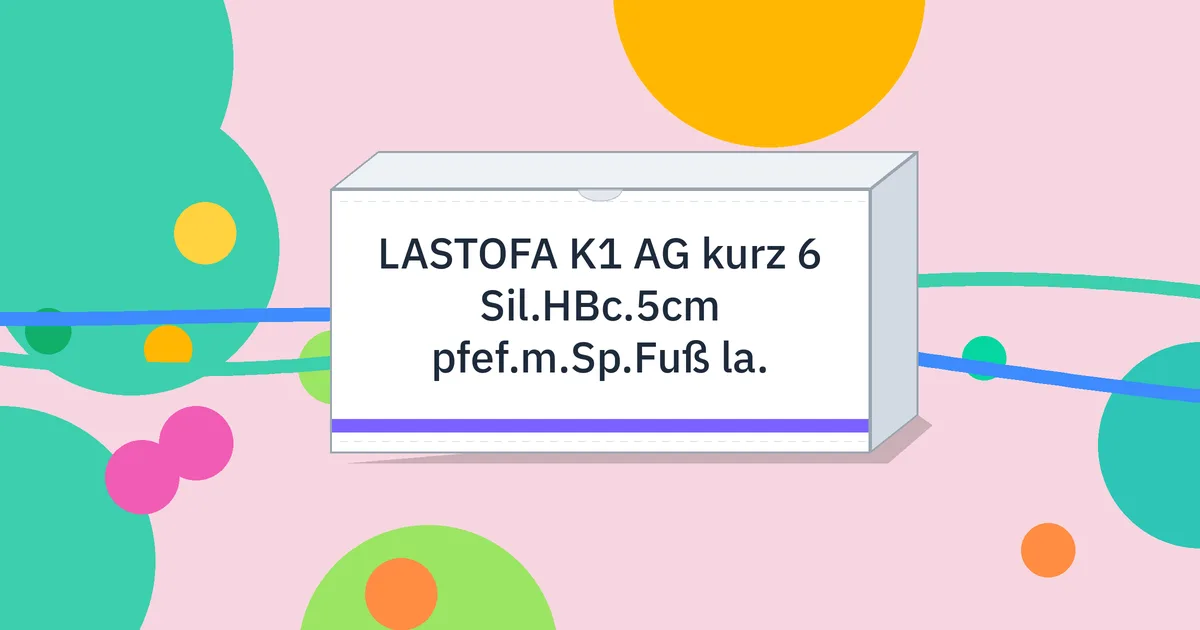 Symbolbild: Packung mit der Aufschrift LASTOFA K1 AG kurz 6 Sil.HBc.5cm pfef.m.Sp.Fuß la. (PZN 13794906) – Verfügbarkeit und Bezug in Apotheken in Frankfurt am Main