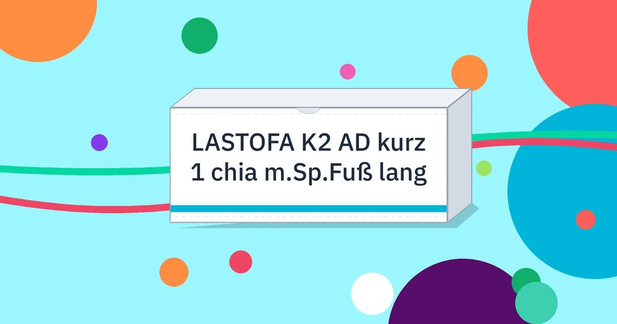 Symbolbild: Packung mit der Aufschrift LASTOFA K2 AD kurz 1 chia m.Sp.Fuß lang (PZN 13799401) – Verfügbarkeit und Bezug in Apotheken in Frankfurt am Main