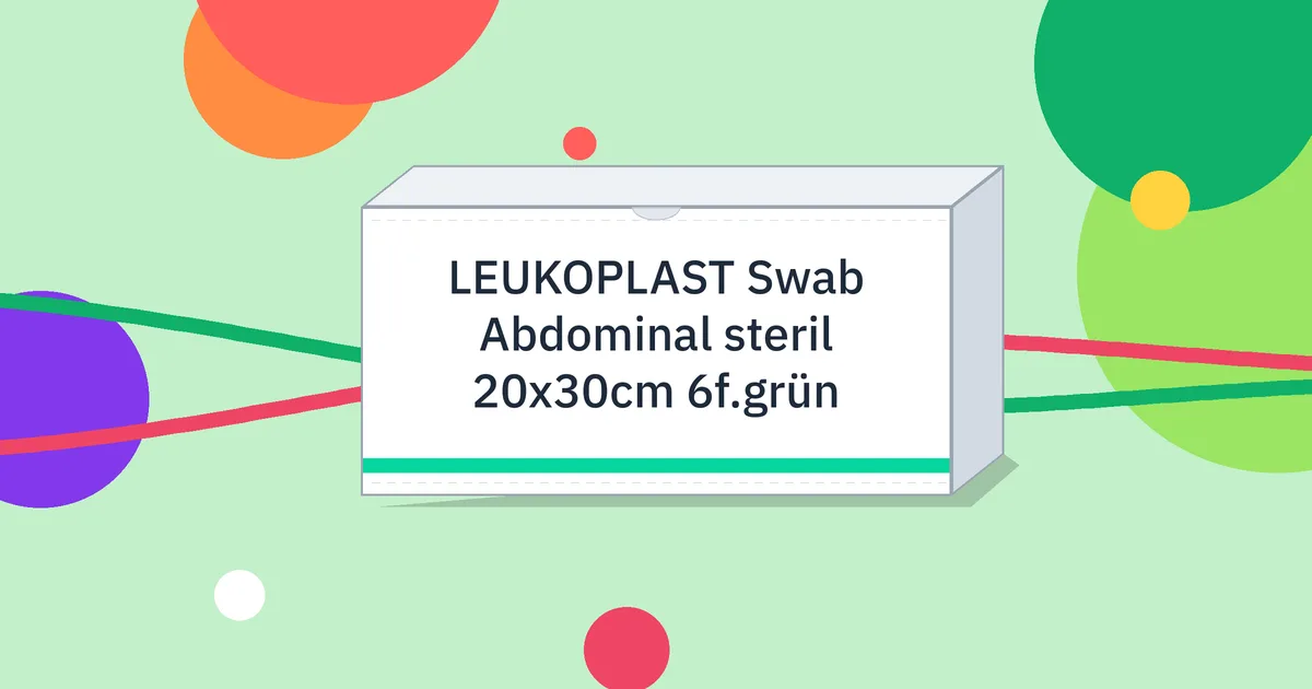 Symbolbild: Packung mit der Aufschrift LEUKOPLAST Swab Abdominal steril 20x30cm 6f.grün (PZN 17208880) – Verfügbarkeit und Bezug in Apotheken in Frankfurt am Main