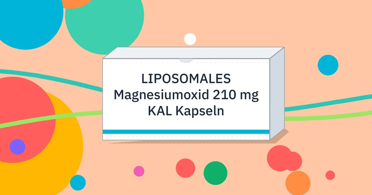 Symbolbild: Packung mit der Aufschrift LIPOSOMALES Magnesiumoxid 210 mg KAL Kapseln (PZN 19404993) – Verfügbarkeit und Bezug in Apotheken in Frankfurt am Main