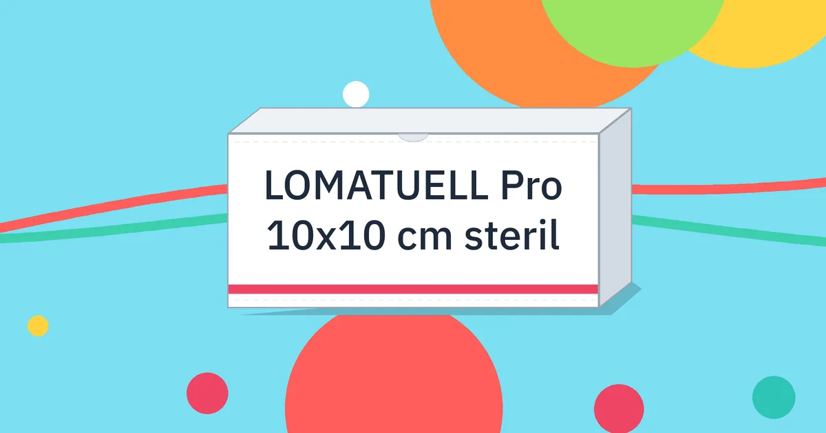 Symbolbild: Packung mit der Aufschrift LOMATUELL Pro 10x10 cm steril (PZN 20607916) – Verfügbarkeit und Bezug in Apotheken in Frankfurt am Main