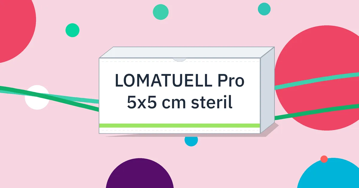 Symbolbild: Packung mit der Aufschrift LOMATUELL Pro 5x5 cm steril (PZN 19701811) – Verfügbarkeit und Bezug in Apotheken in Frankfurt am Main