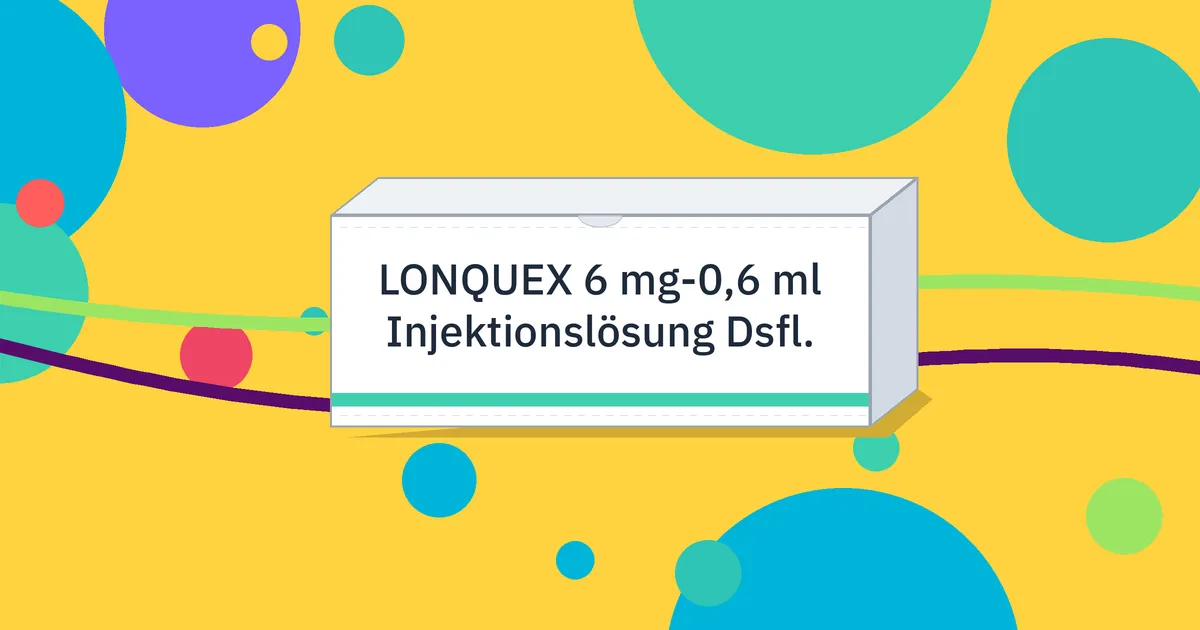 Symbolbild: Packung mit der Aufschrift LONQUEX 6 mg-0,6 ml Injektionslösung Dsfl. (PZN 17931435) – Verfügbarkeit und Bezug in Apotheken in Frankfurt am Main