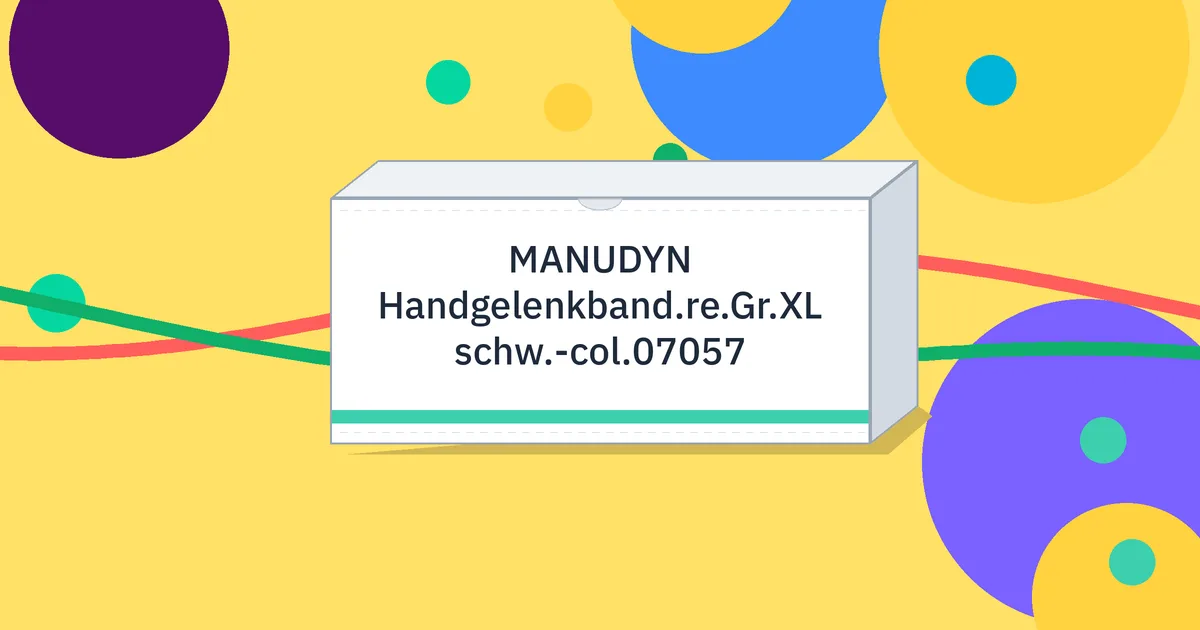 Symbolbild: Packung mit der Aufschrift MANUDYN Handgelenkband.re.Gr.XL schw.-col.07057 (PZN 06727306) – Verfügbarkeit und Bezug in Apotheken in Frankfurt am Main