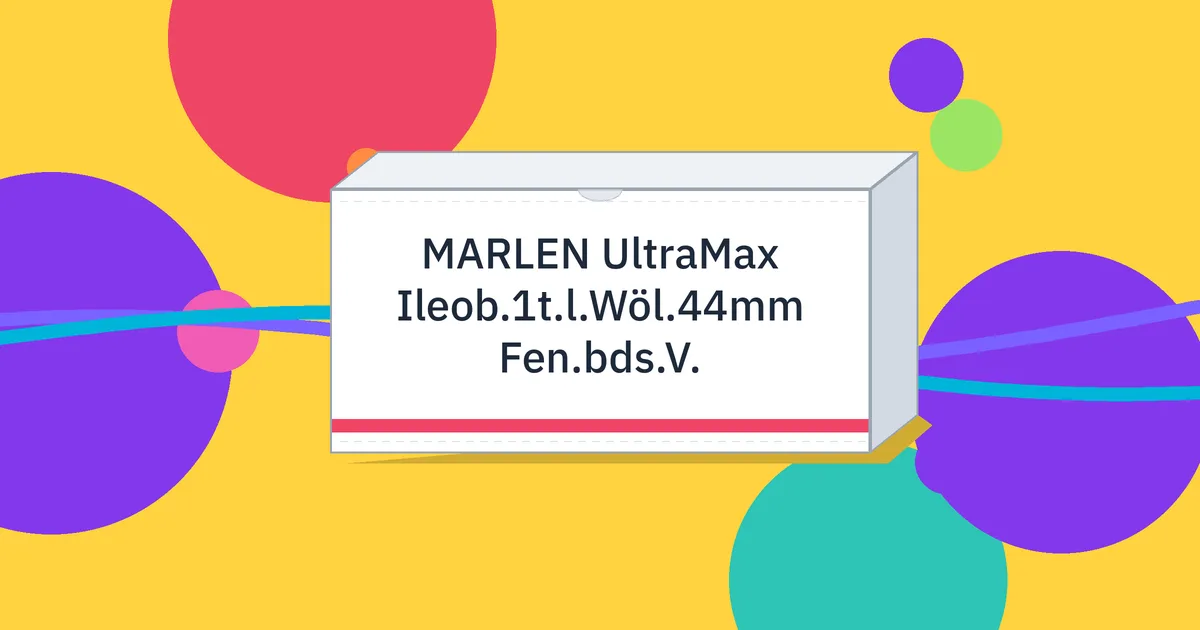 Symbolbild: Packung mit der Aufschrift MARLEN UltraMax Ileob.1t.l.Wöl.44mm Fen.bds.V. (PZN 00625645) – Verfügbarkeit und Bezug in Apotheken in Frankfurt am Main
