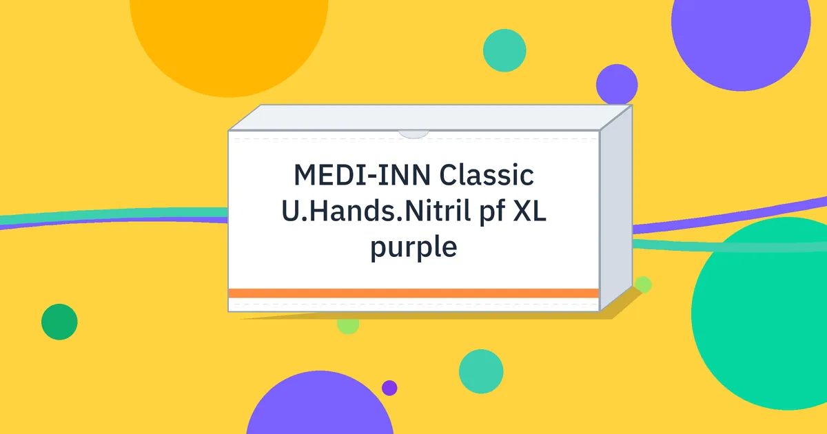 Symbolbild: Packung mit der Aufschrift MEDI-INN Classic U.Hands.Nitril pf XL purple (PZN 18444938) – Verfügbarkeit und Bezug in Apotheken in Frankfurt am Main