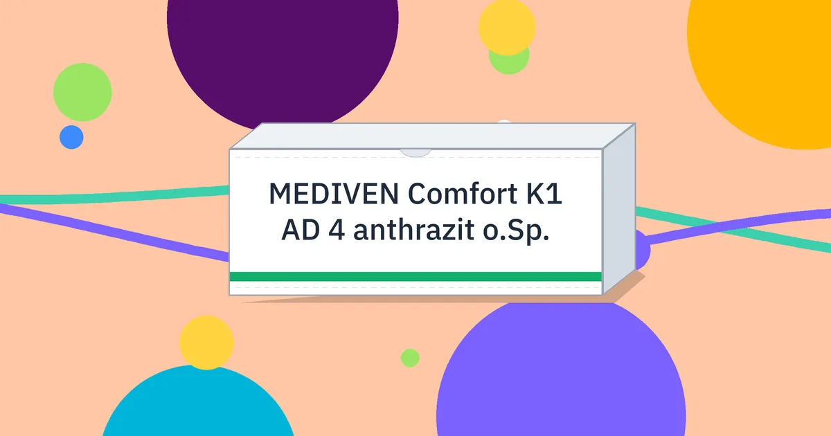 Symbolbild: Packung mit der Aufschrift MEDIVEN Comfort K1 AD 4 anthrazit o.Sp. (PZN 14558591) – Verfügbarkeit und Bezug in Apotheken in Frankfurt am Main