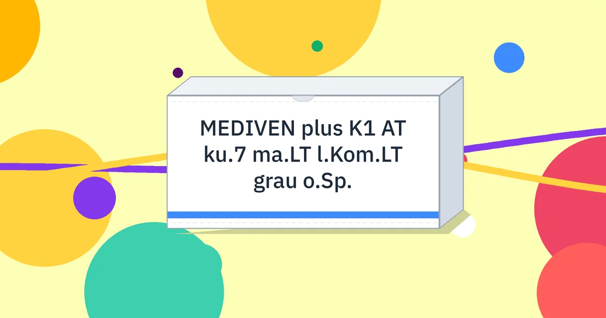 Symbolbild: Packung mit der Aufschrift MEDIVEN plus K1 AT ku.7 ma.LT l.Kom.LT grau o.Sp. (PZN 18943529) – Verfügbarkeit und Bezug in Apotheken in Frankfurt am Main